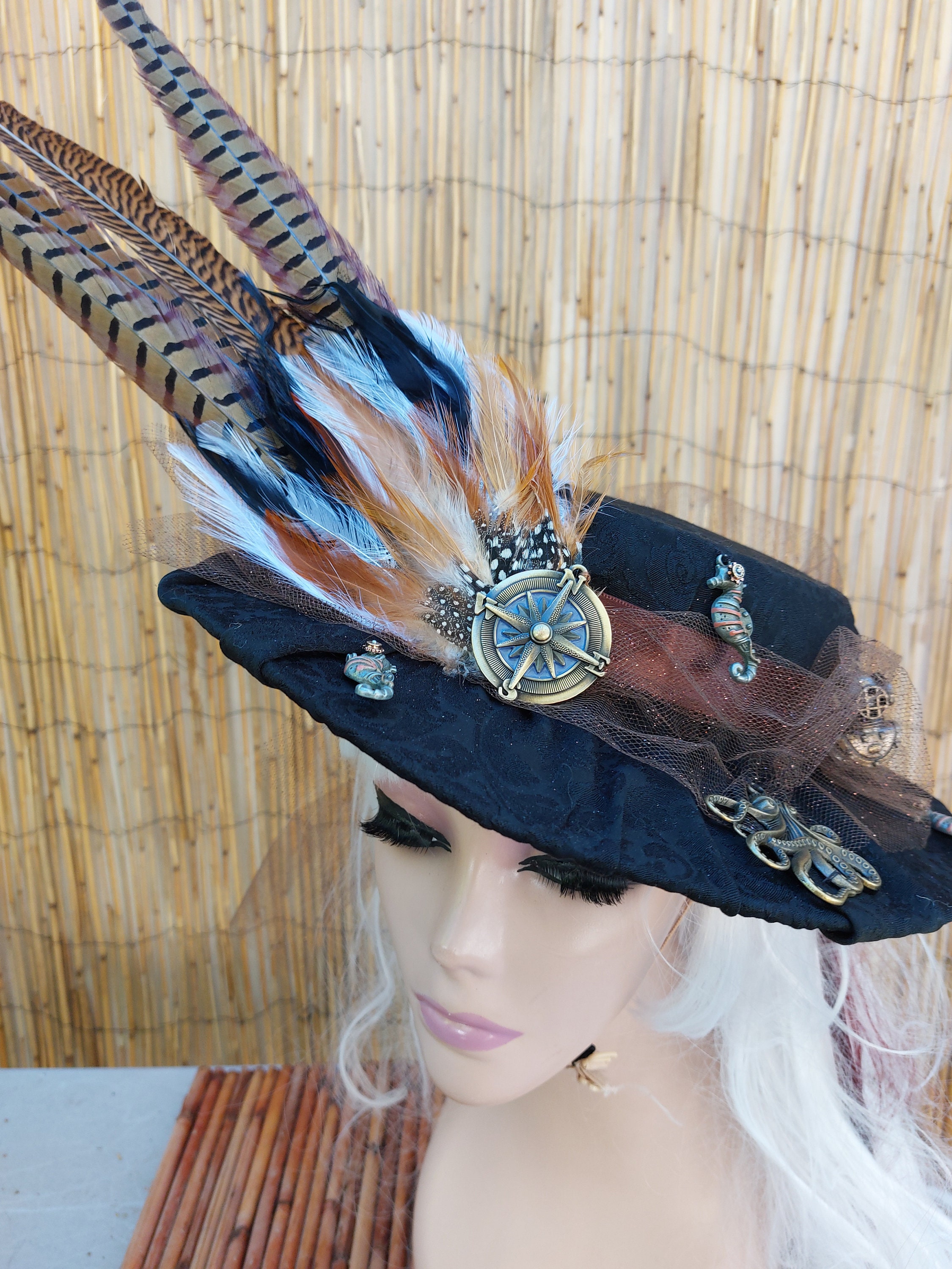 Steampunk Feathered Hat, Pheasant Feathers, Black Brocade, Octopus ...
