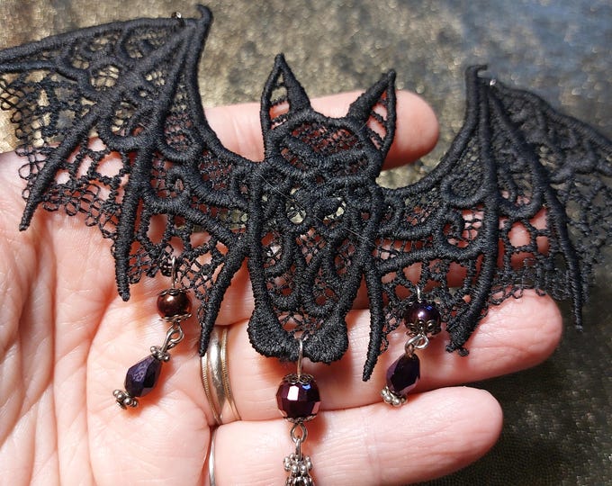Bat Lace Necklace With Crystal Faceted Drop Beads, Gothic Victorian Bib ...