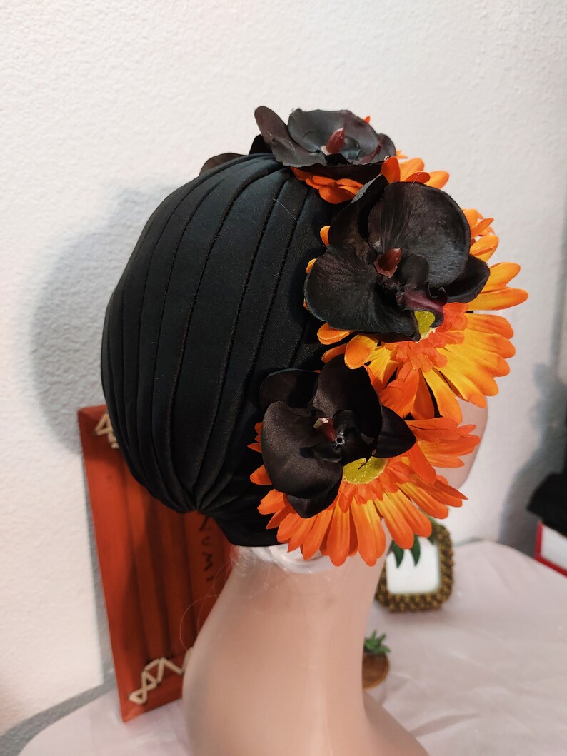Flower Turban, Stretch Turban With Orange Daisies and Black Orchids ...
