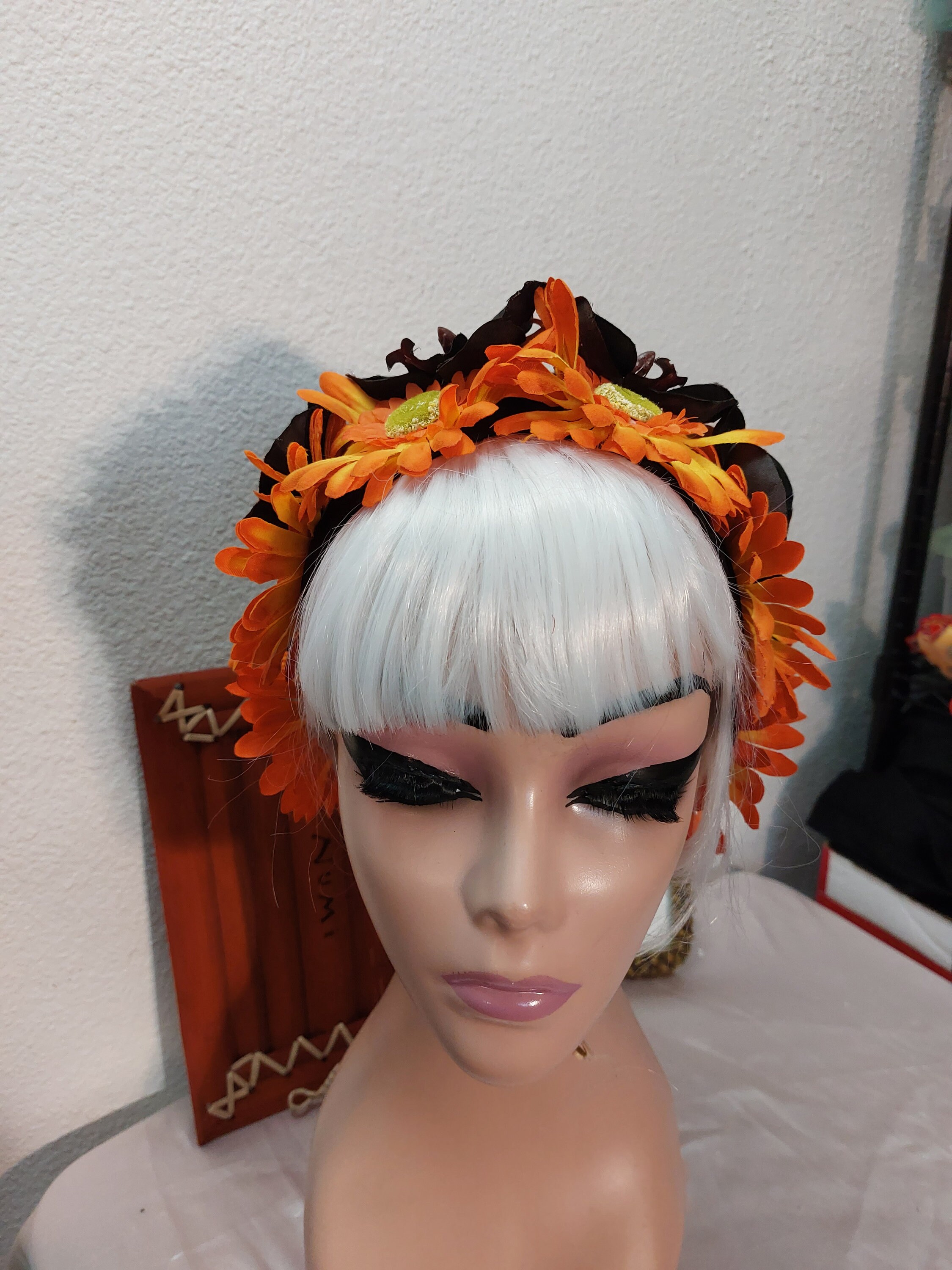 Flower Turban, Stretch Turban With Orange Daisies and Black Orchids ...
