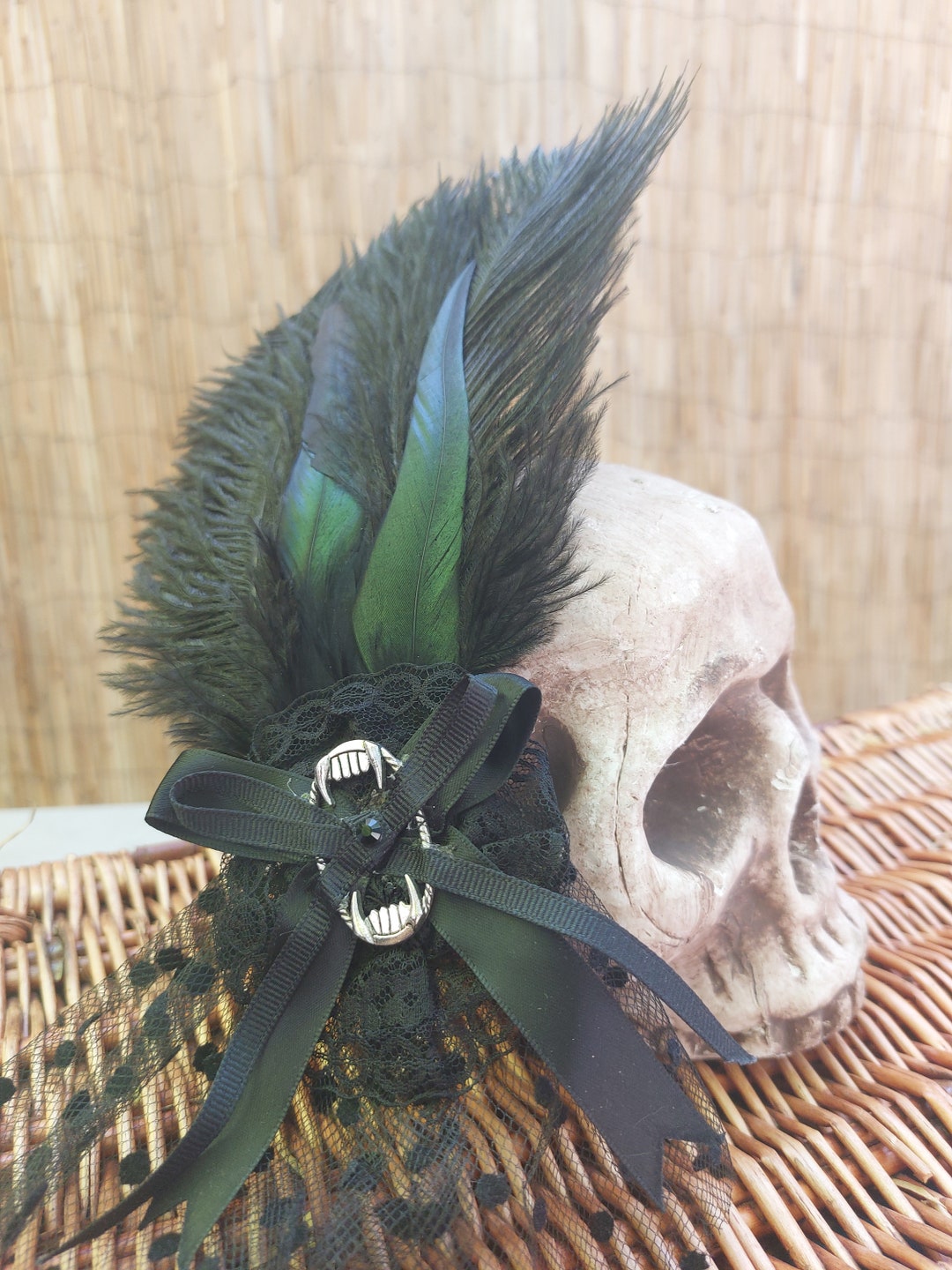 Black Feather Hair Clip Fascinator W Veil & Silver Fangs , Vampire ...