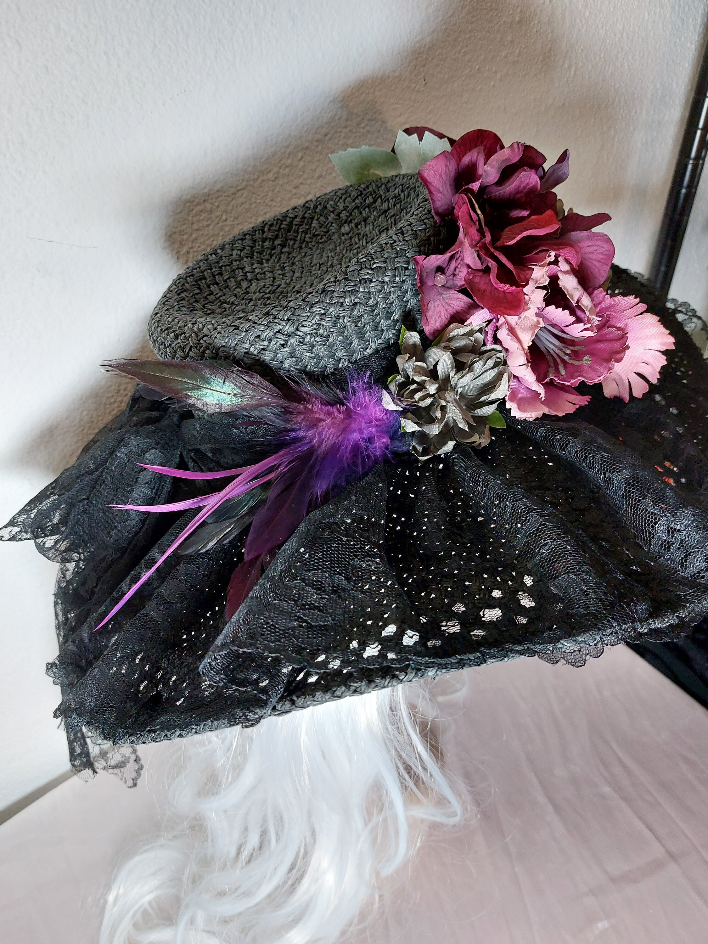 Floppy Sun Straw Hat With Flowers and Lace, Black Victorian Hat ...