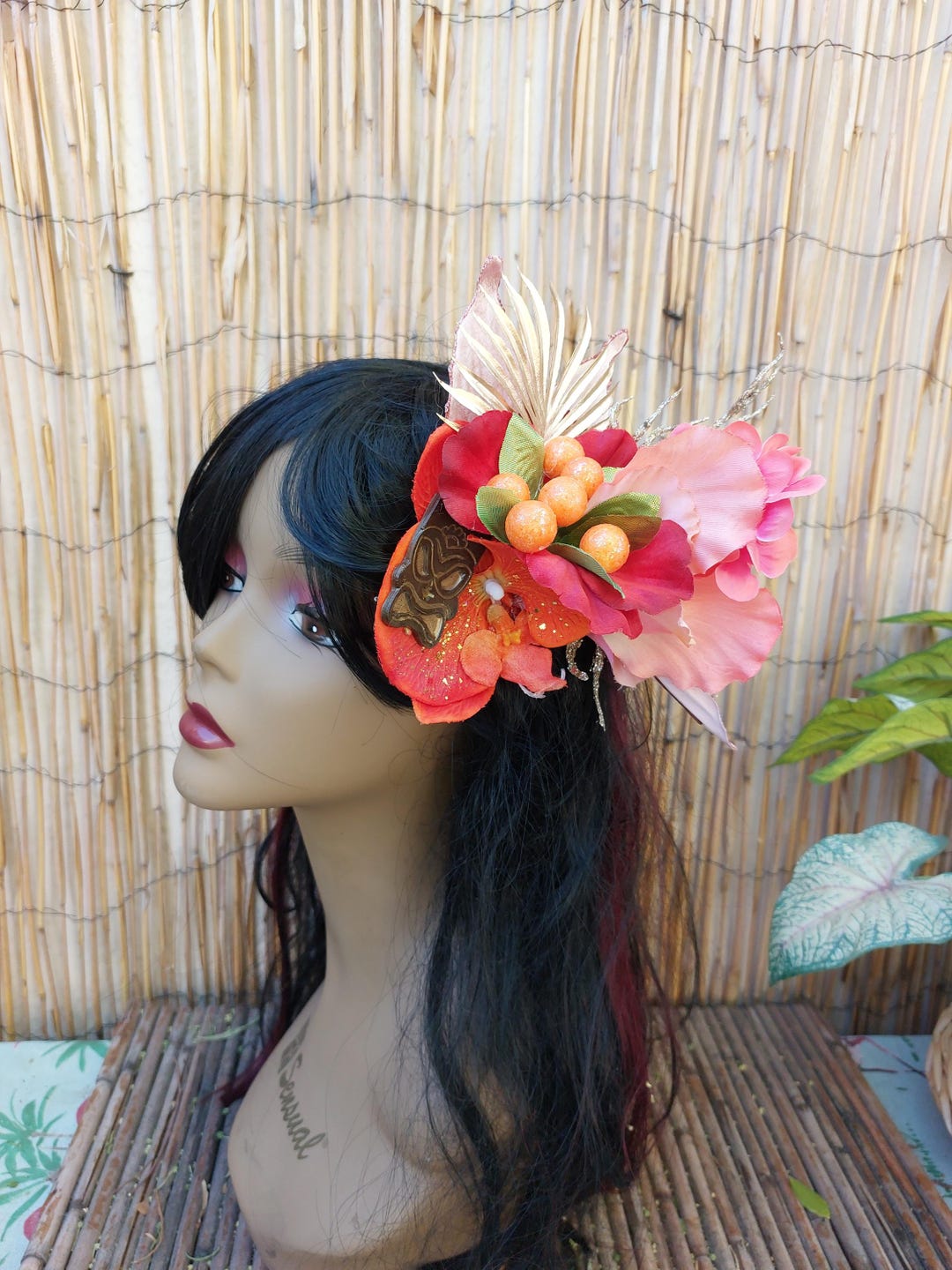 Tropical Flower Hair Clip W Tiki Head, Hula Girl Pinup Hair Flower ...