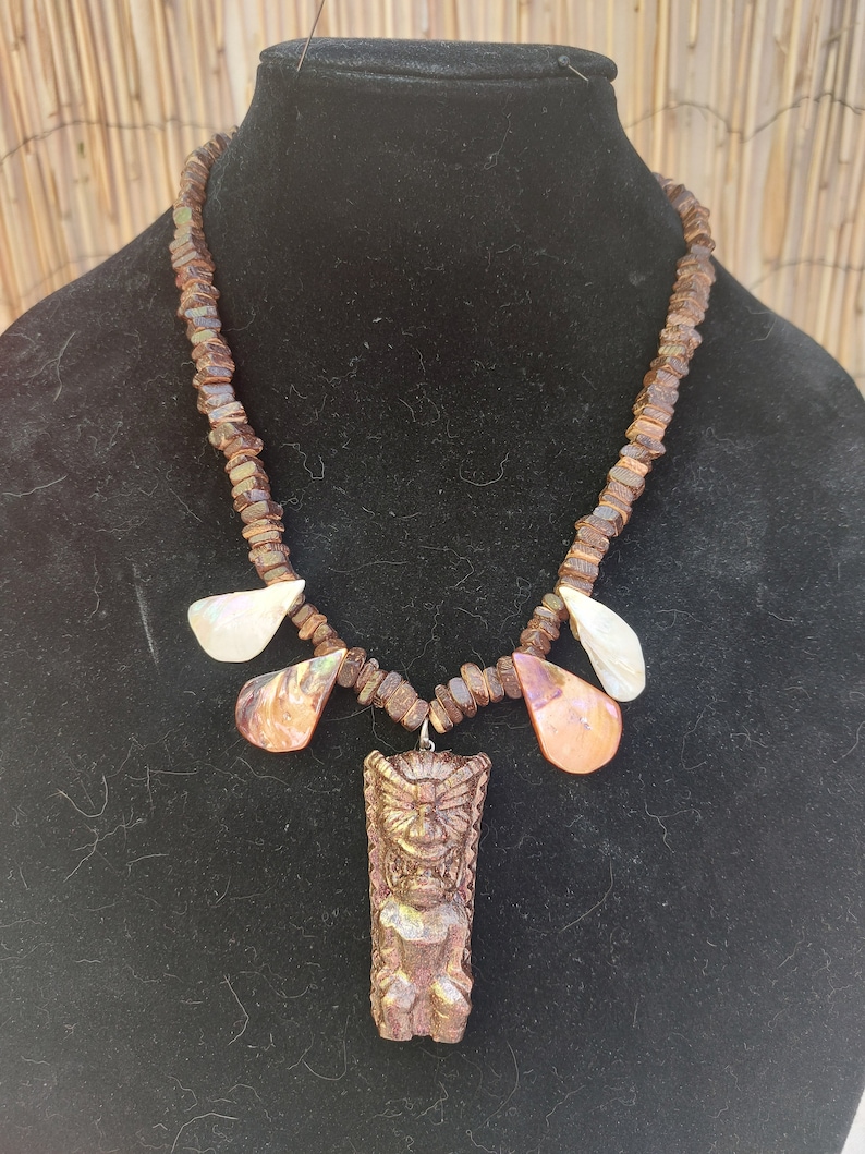 Hawaiian Tiki Necklace With Abalone Shells and Coconut Chip Beads, Tiki ...