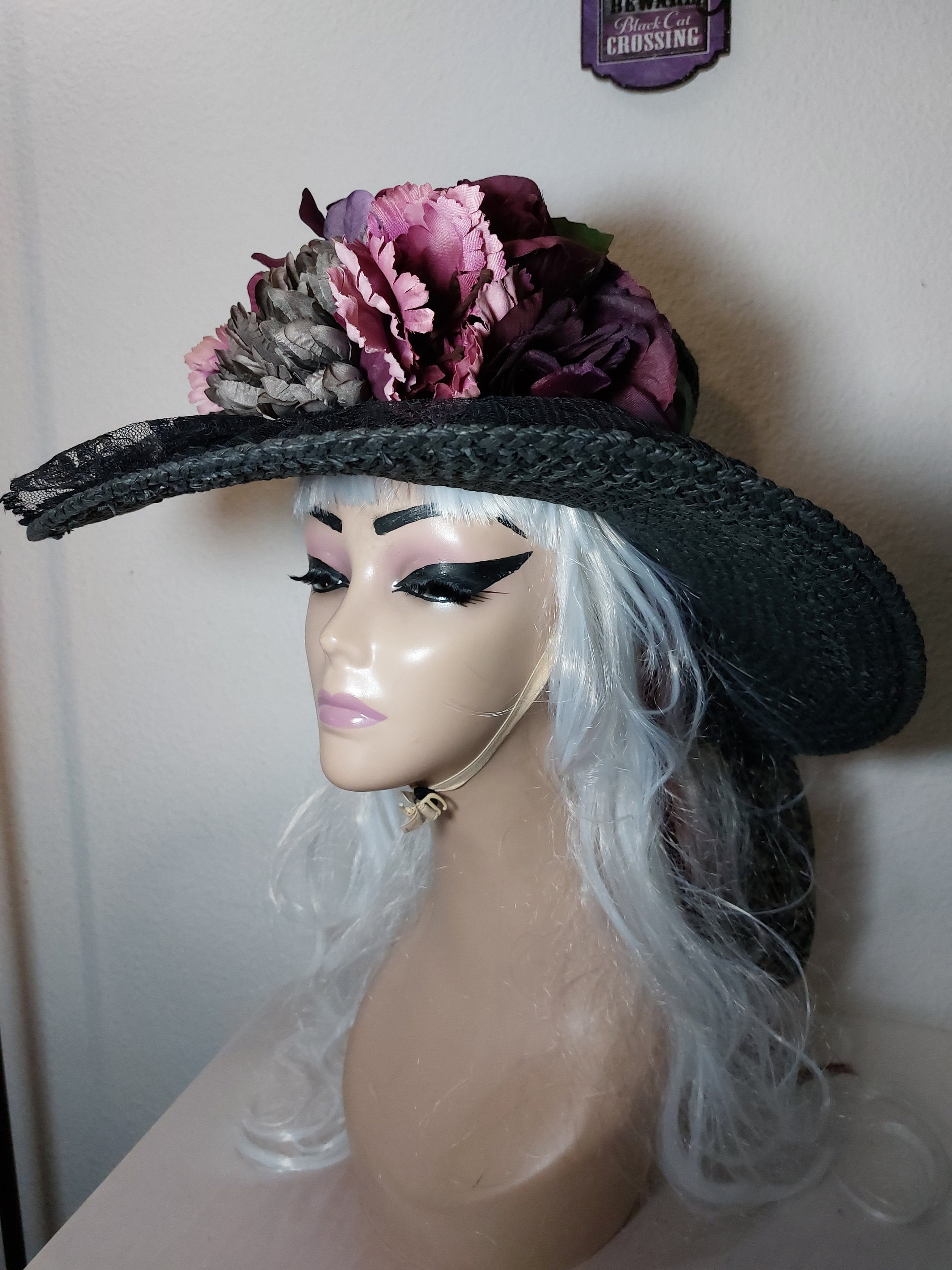 Floppy Sun Straw Hat With Flowers and Lace, Black Victorian Hat ...
