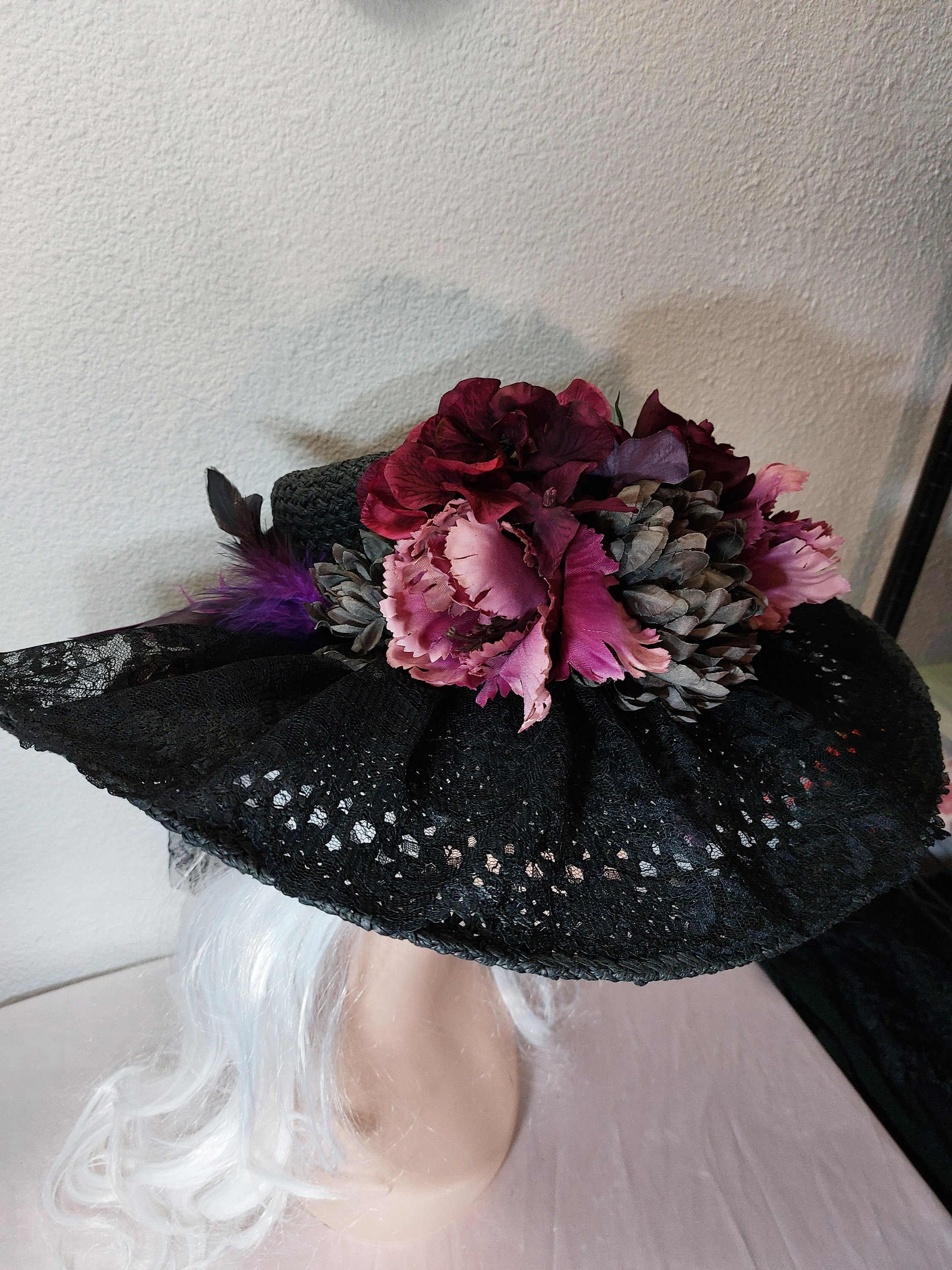 Floppy Sun Straw Hat With Flowers and Lace, Black Victorian Hat ...