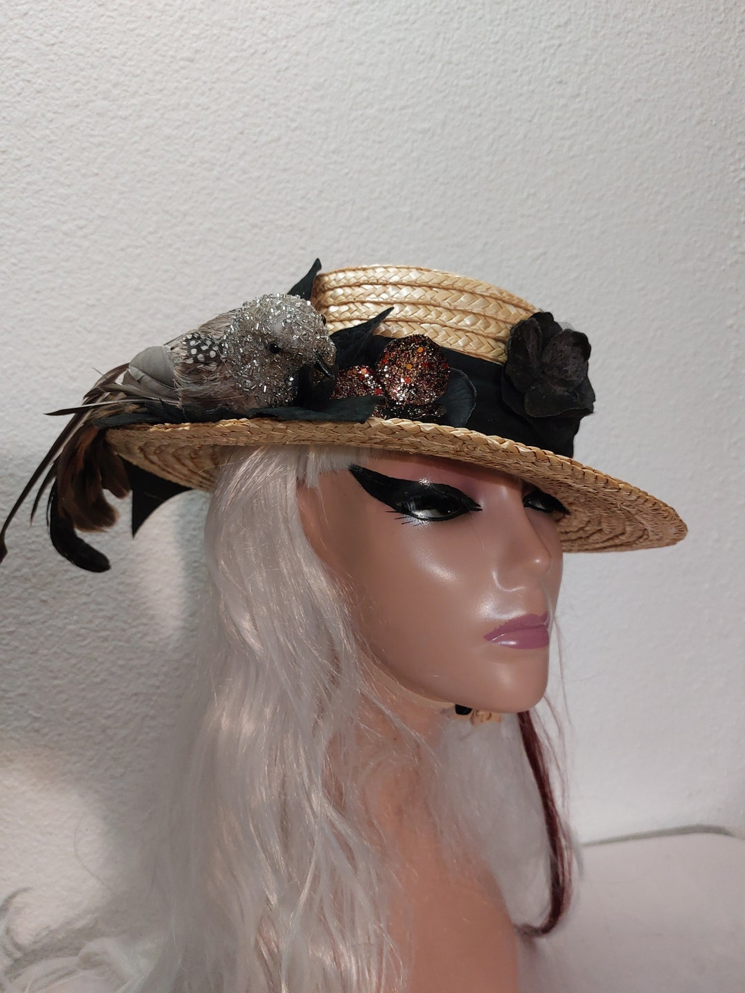 Retro Boater Hat With Bird, Vintage Sun Straw Hat With Bow and Flowers ...