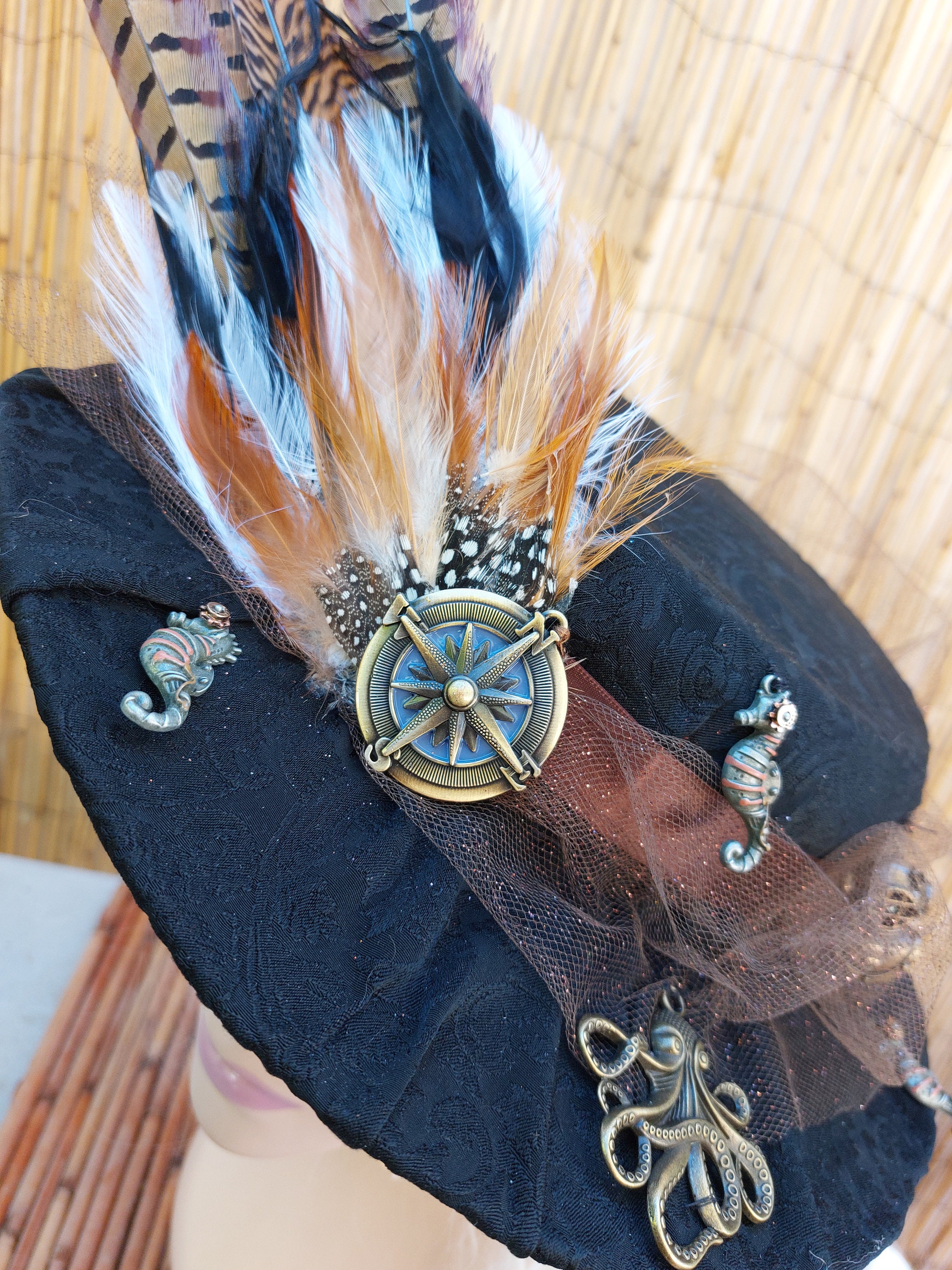 Steampunk Feathered Hat, Pheasant Feathers, Black Brocade, Octopus ...