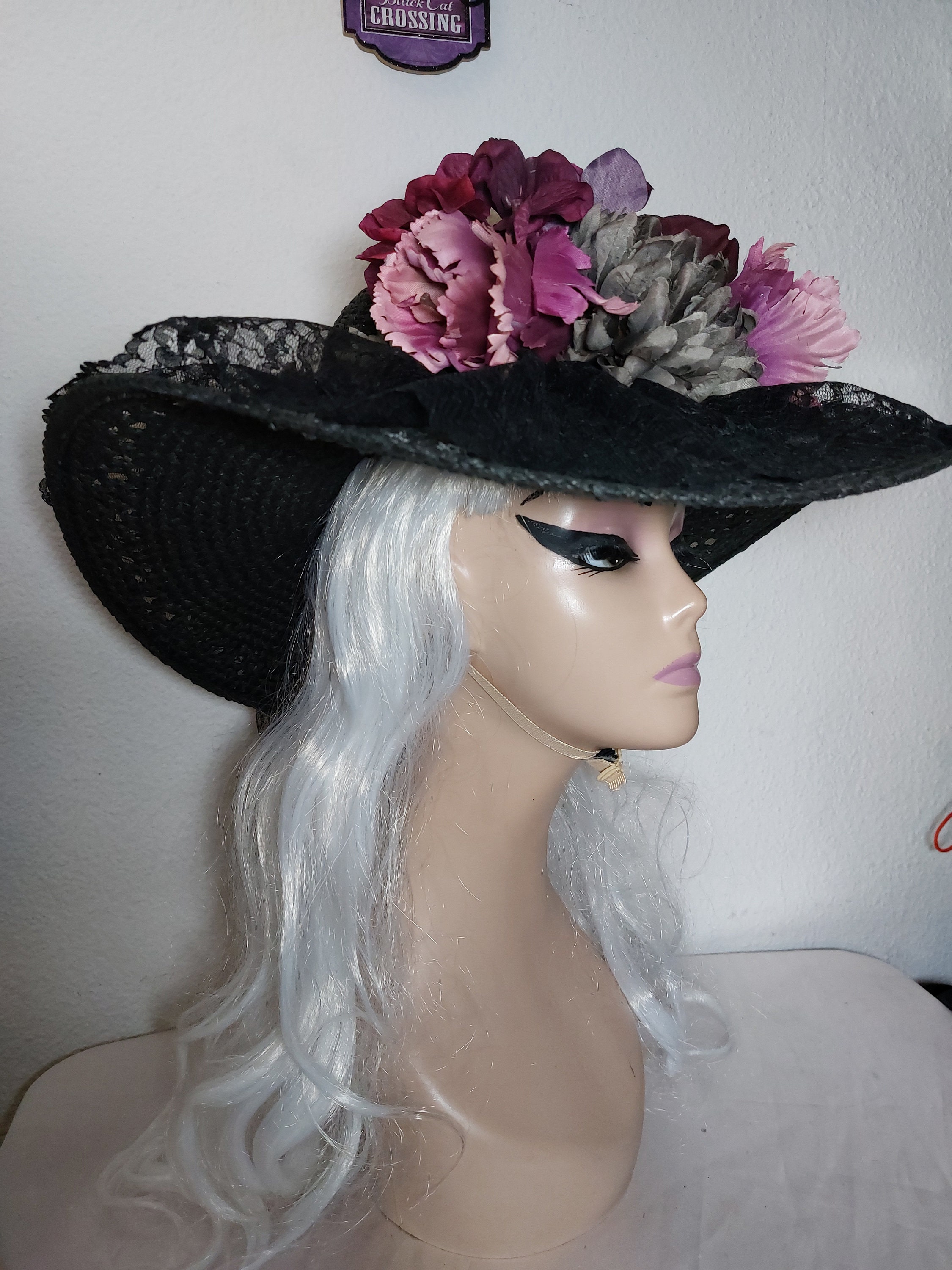 Floppy Sun Straw Hat With Flowers and Lace, Black Victorian Hat ...