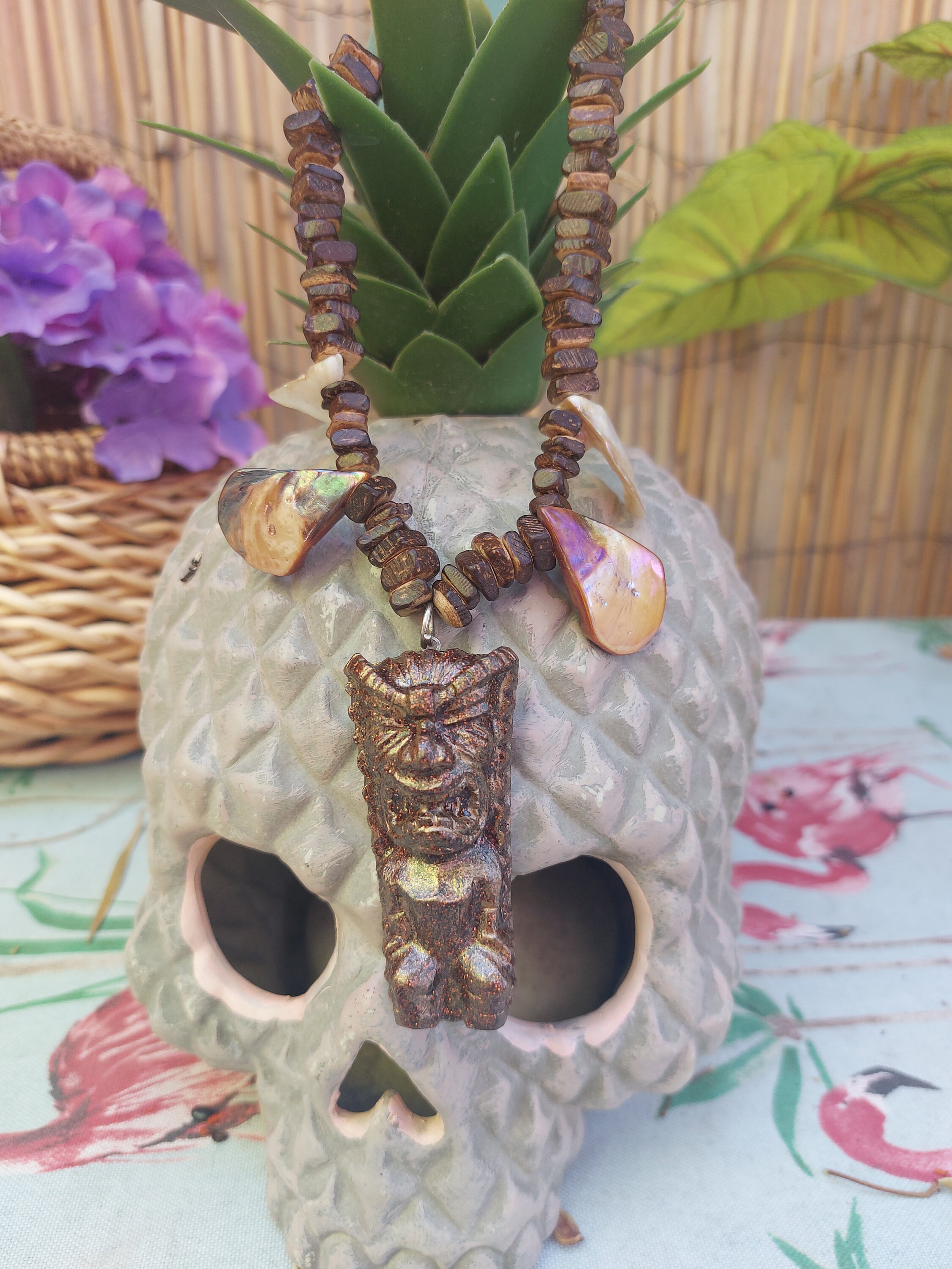 Hawaiian Tiki Necklace With Abalone Shells and Coconut Chip Beads, Tiki ...