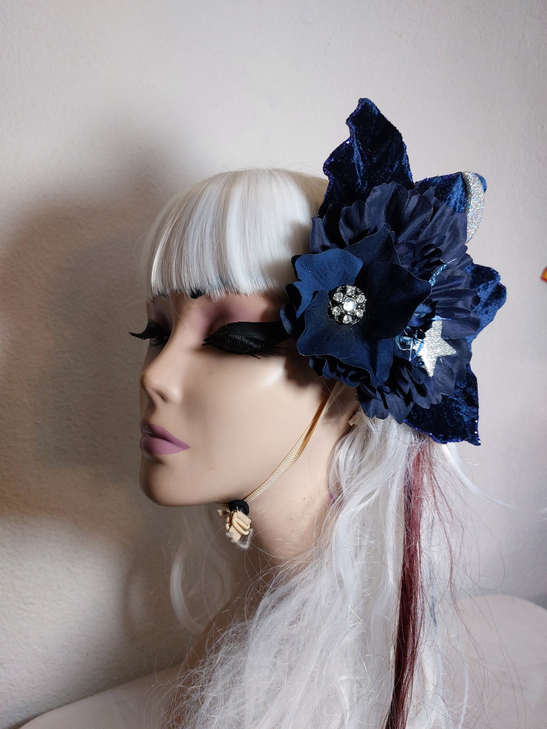 Retro Style Fascinator With Vintage Jewels, Dark Blue Velvet Pinup ...