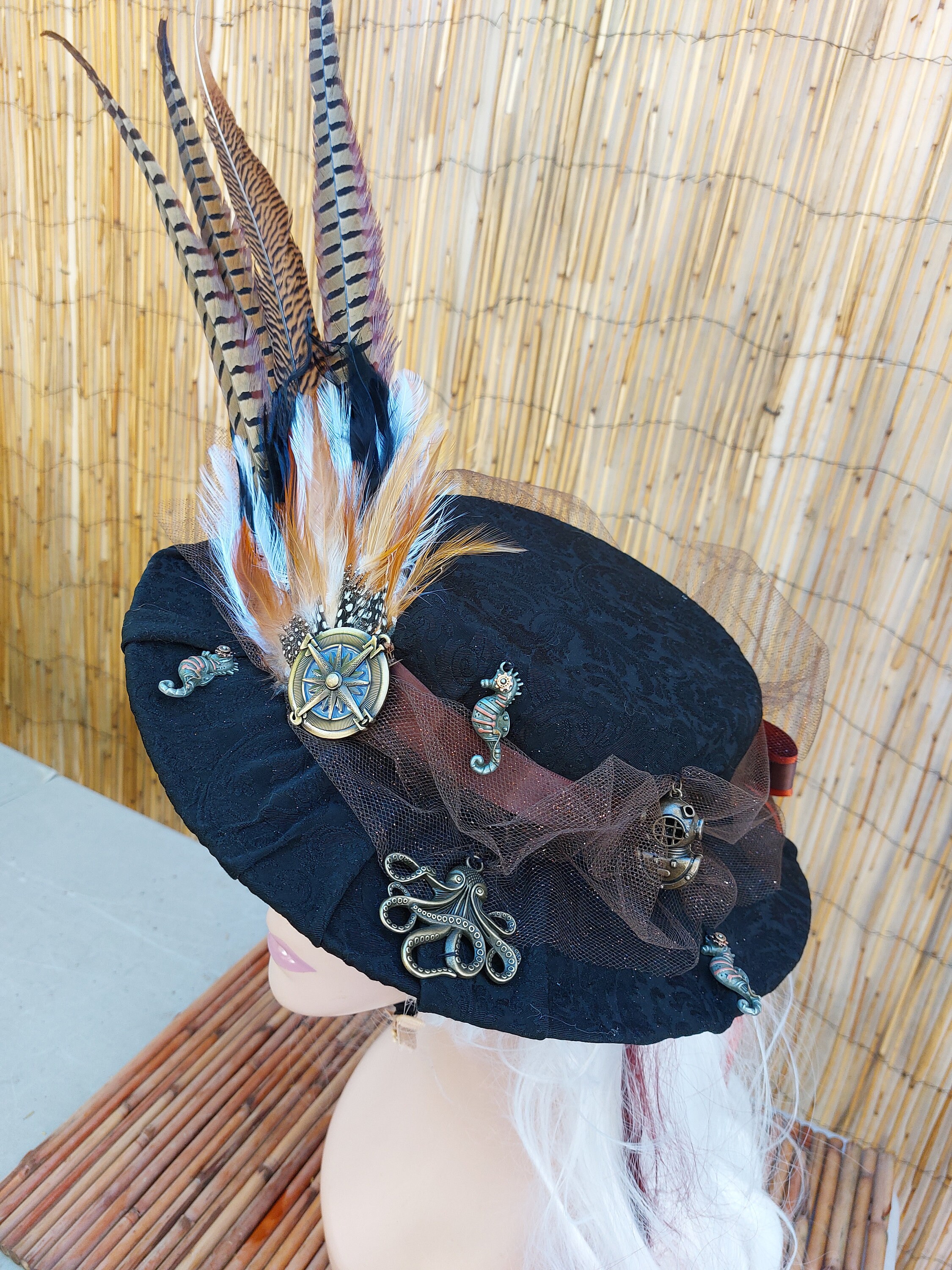 Steampunk Feathered Hat, Pheasant Feathers, Black Brocade, Octopus ...
