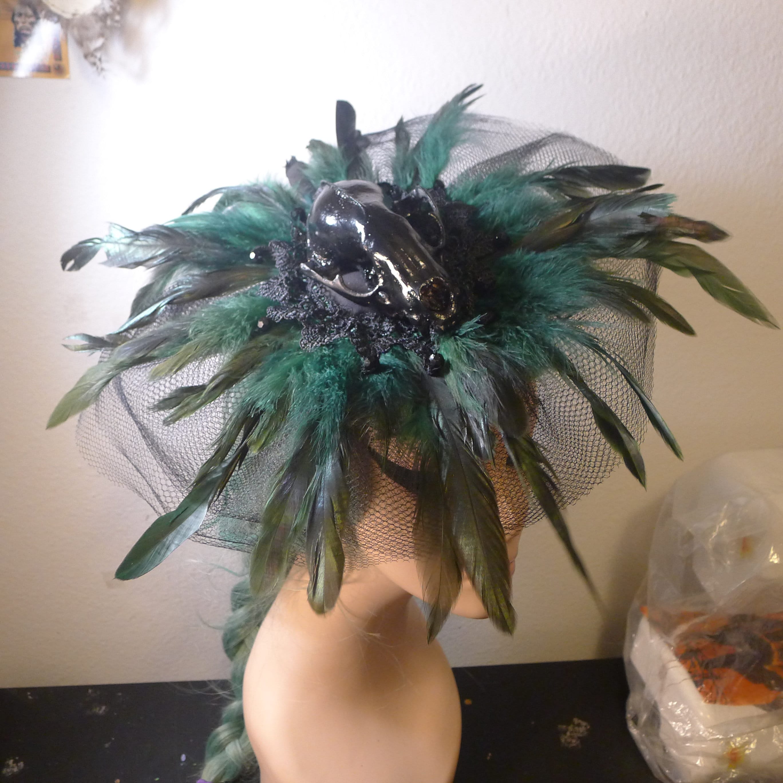 Raccoon Skull Fascinator Mini Hat W Black and Green Feathers, Taxidermy ...