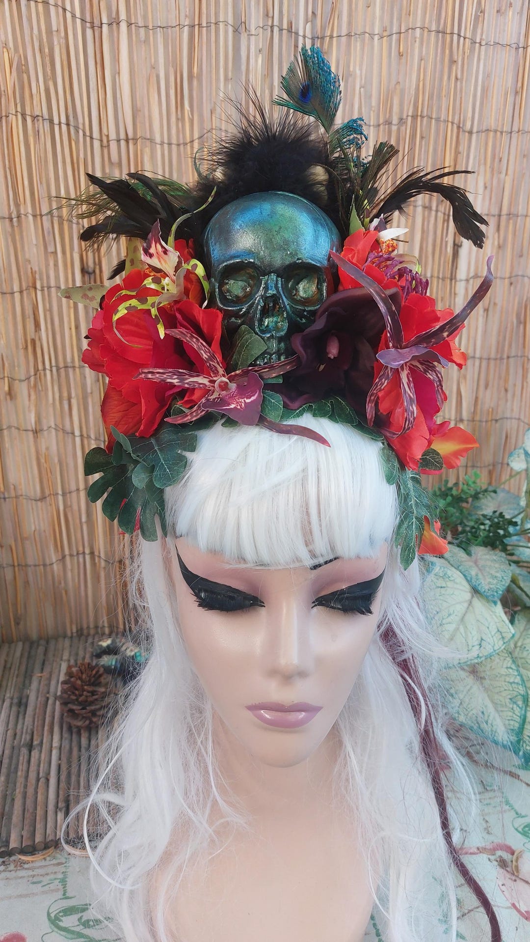 Tropical Flower Skull Headpiece: Feather & Resin Bone Headband - Etsy