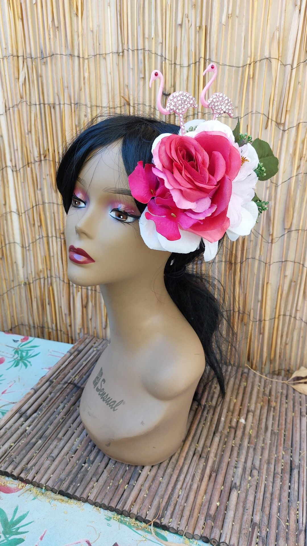 Pink Flamingo Hair Flower, Magnolia With Rose and Tropical Birds Flower ...