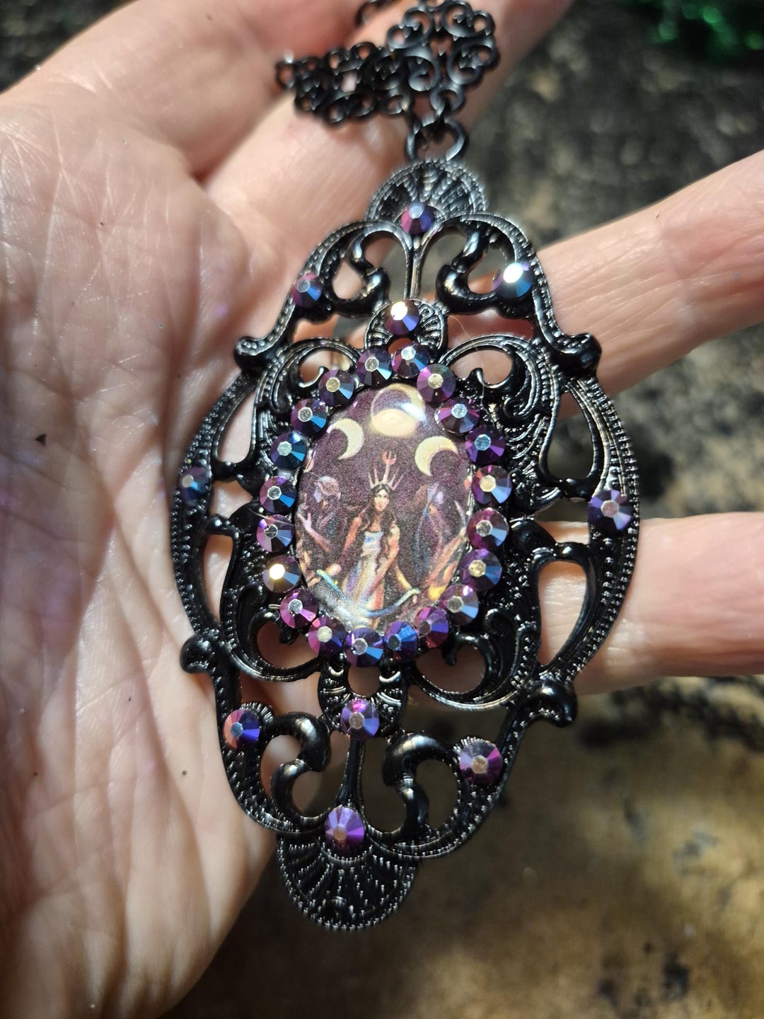 Hecate Cameo Pendant With Sparkles and Chain, Black Victorian Filigree ...