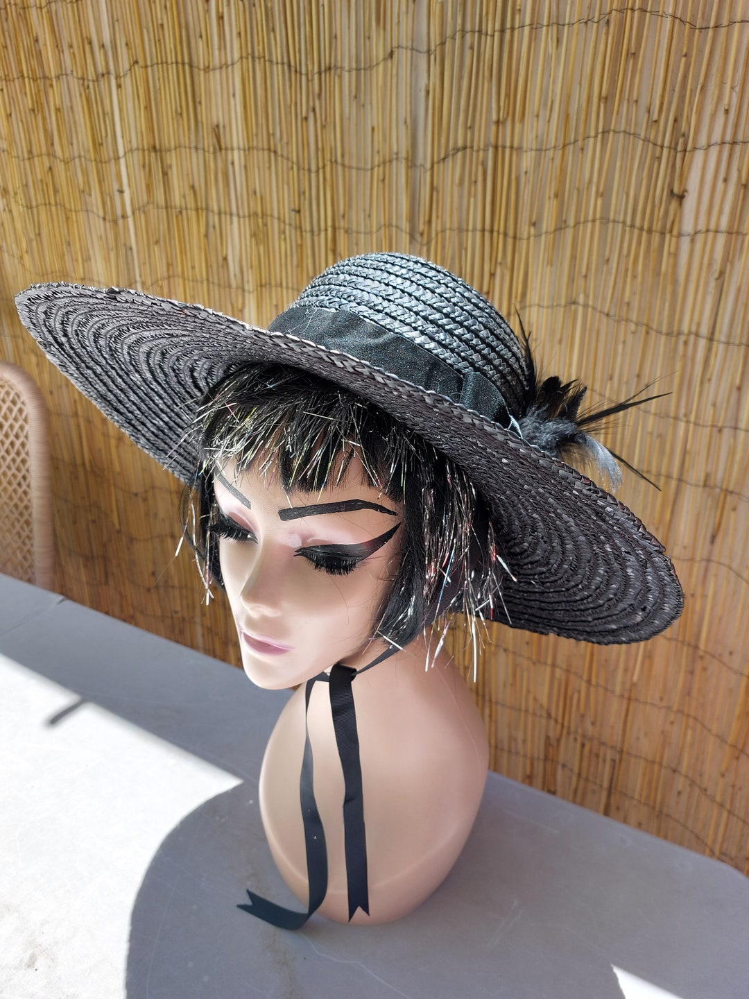 Vintage Black Straw Hat Hat With Velvet Bow and Feathers , Lydia Deetz ...