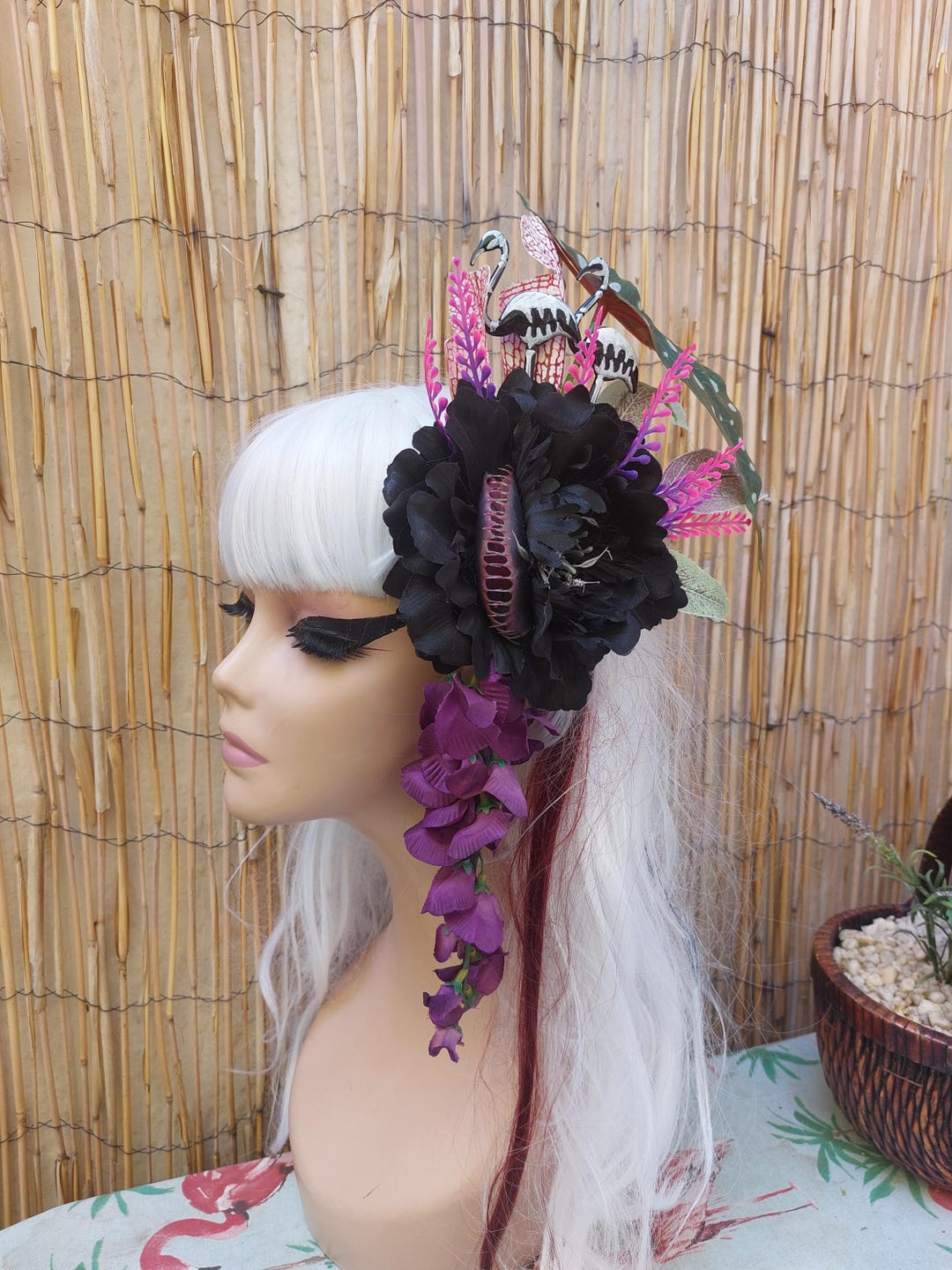 Spooky Tropical Hair Flower With Skeleton Flamingos ,venus Flytrap ...