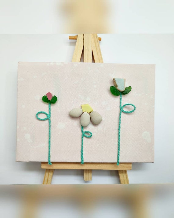 Pebble Shell Art Canvas Flower Art Pastel Home Decor - Etsy