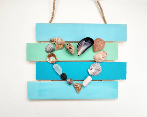 Coastal Beach Art Pebble Shell Art Wooden Wall Hanging Love - Etsy