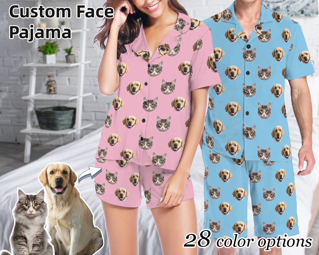 Custom Cat Dog Faces Women Men Short Sleeve Pajama Set Personalized ...