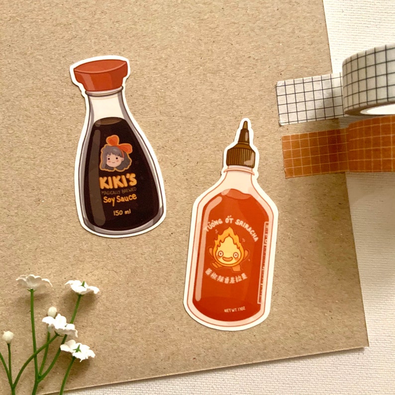 Asian Sauces Stickers | Calcifer Sriracha Hot Sauce, Kiki Soy Sauce ...