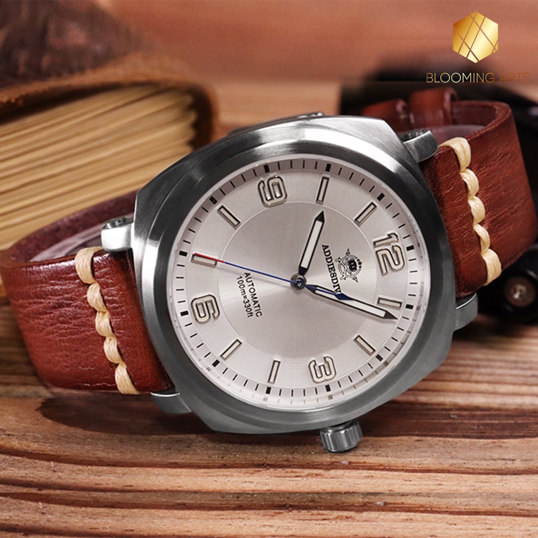 Men's Luxury White Dial Watch 100M Waterproof Diver Automatic Leather ...