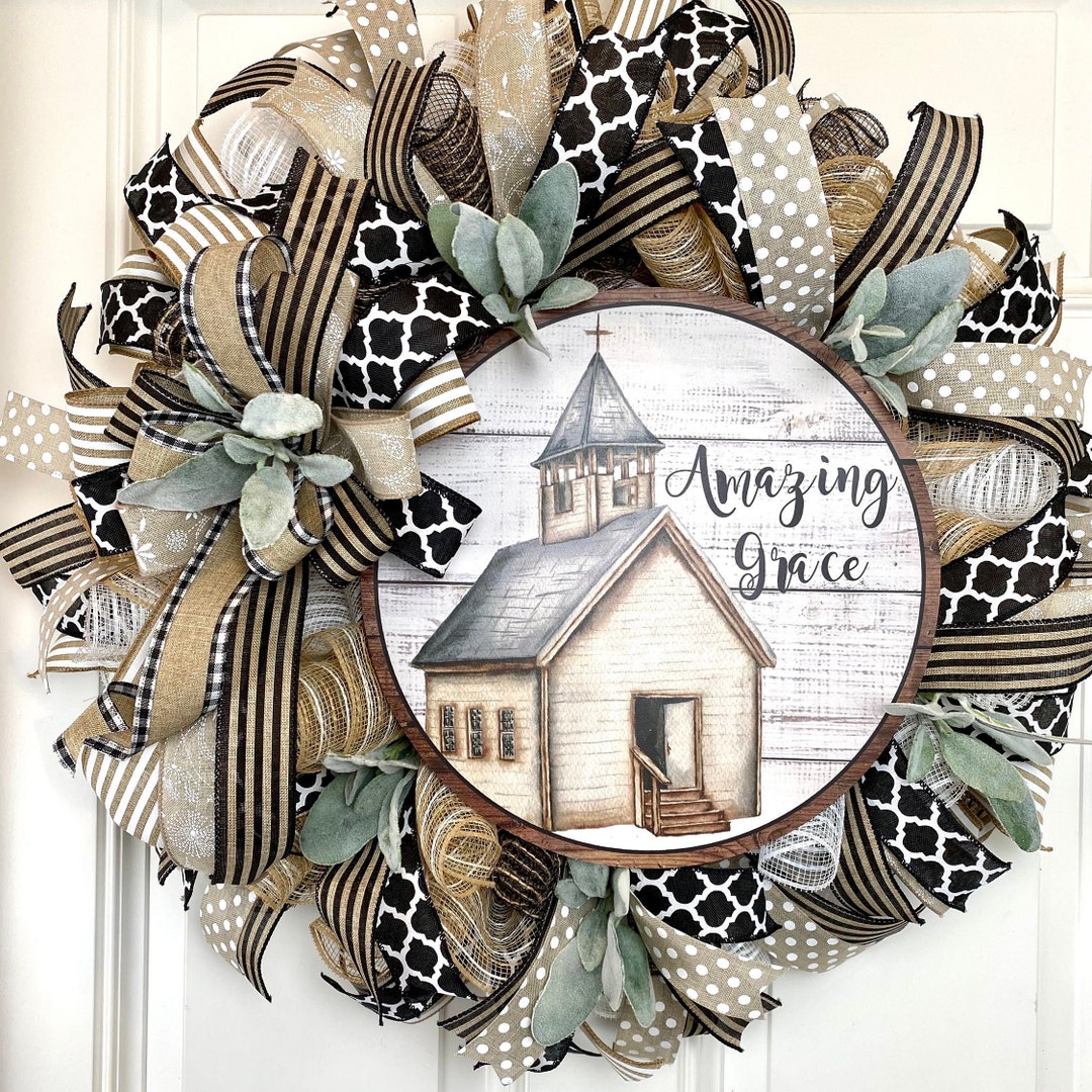 Farmhouse Wreath, Church, Amazing Grace Christian Decor, Summer Wreath ...