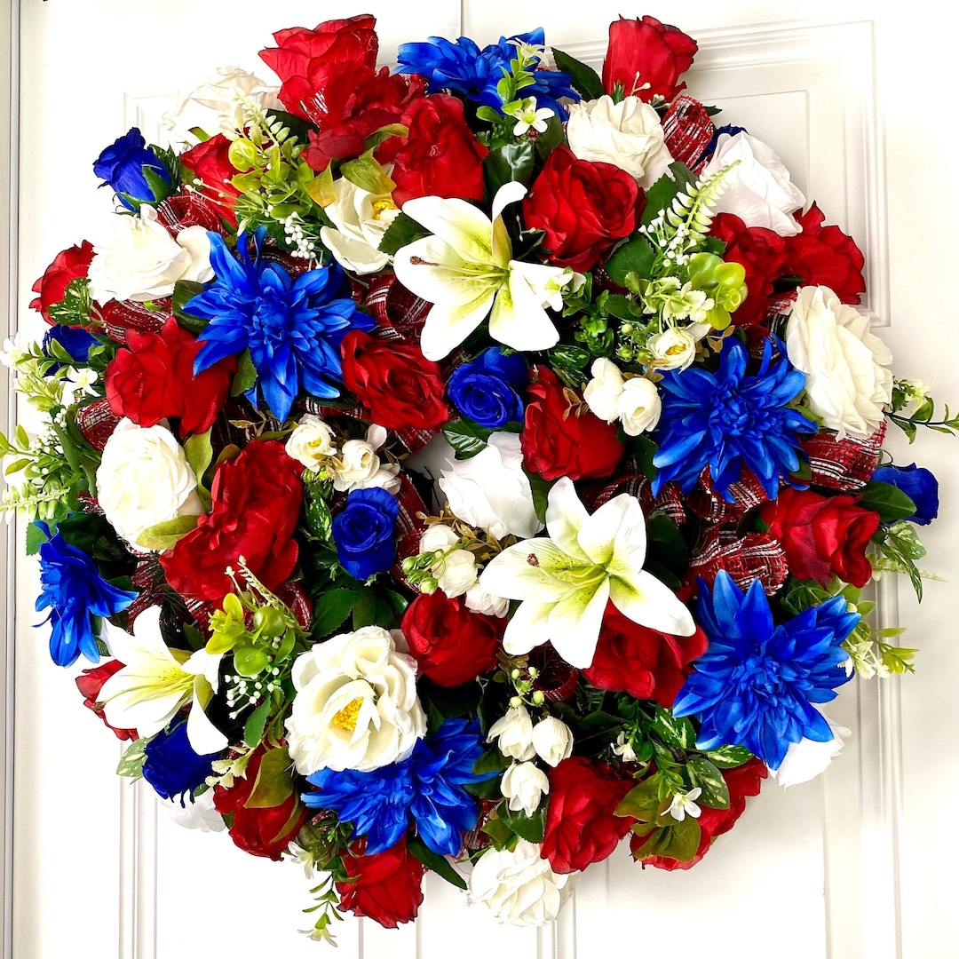 Patriotic Floral Wreath: Red, White & Blue Roses, Lilies, Dahlias - Etsy
