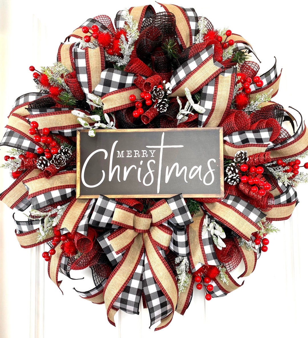 Christmas Wreath, Farmhouse Buffalo Plaid, Decor for Front Door, Double ...