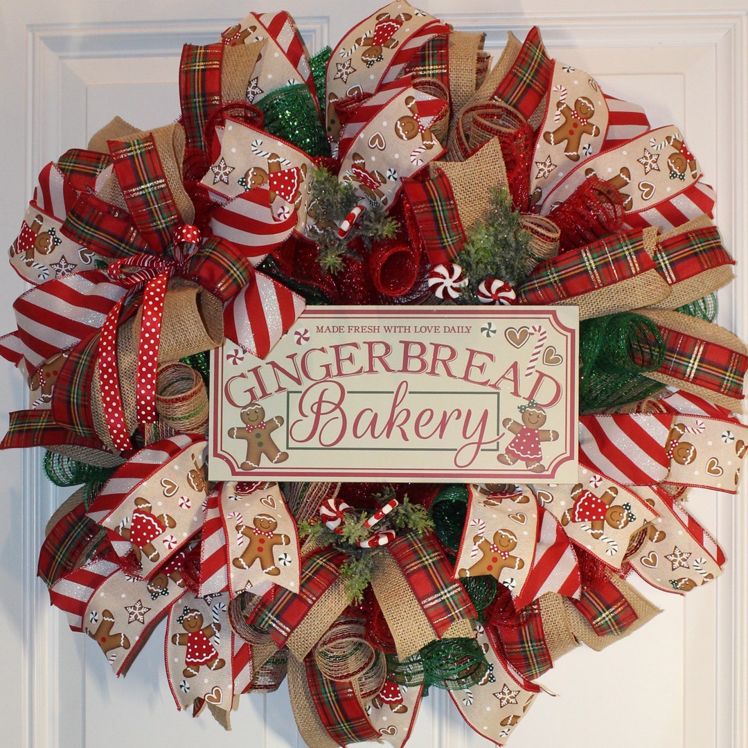 Christmas Gingerbread Bakery Wreath, Double Door, Christmas Deco Mesh ...