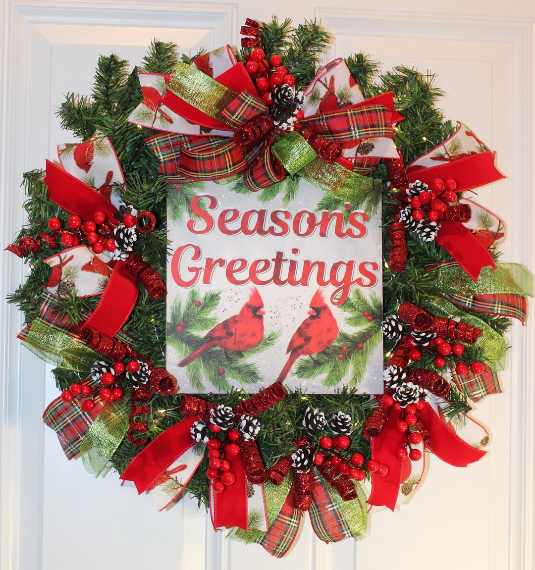 Lighted Christmas Wreath Cardinal Wreath With Lights - Etsy