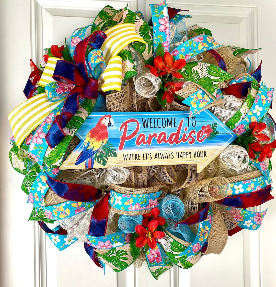 Tropical Paradise Welcome Beach Wreath - Coastal Happy Hour Decor, Large Wreath - Etsy
