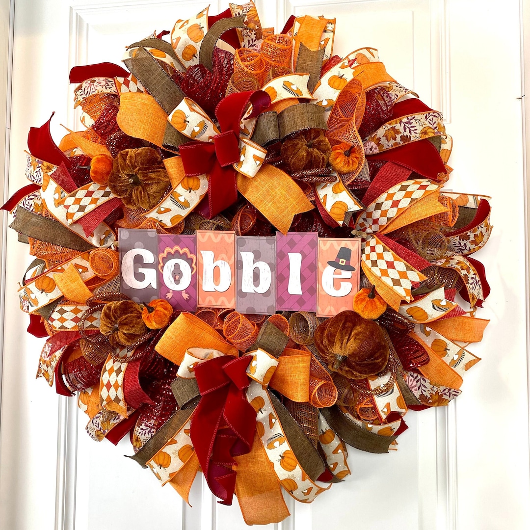 Thanksgiving Turkey Wreath: Velvet Pumpkins & Burgundy Ribbons - Etsy