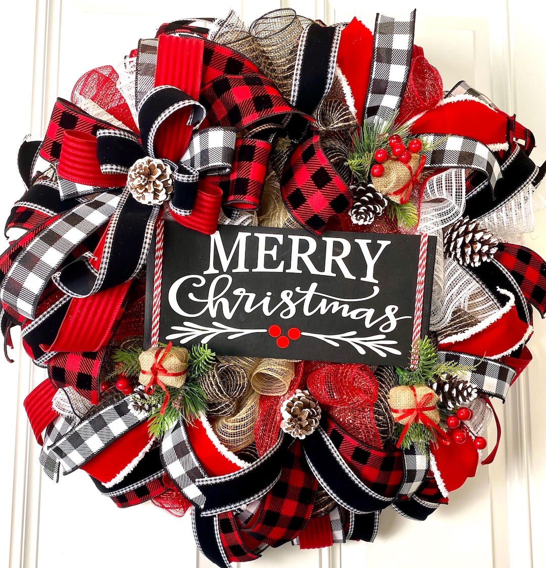 Christmas Wreath, Buffalo Check Winter Wreath, Holiday Decor, Fireplace ...