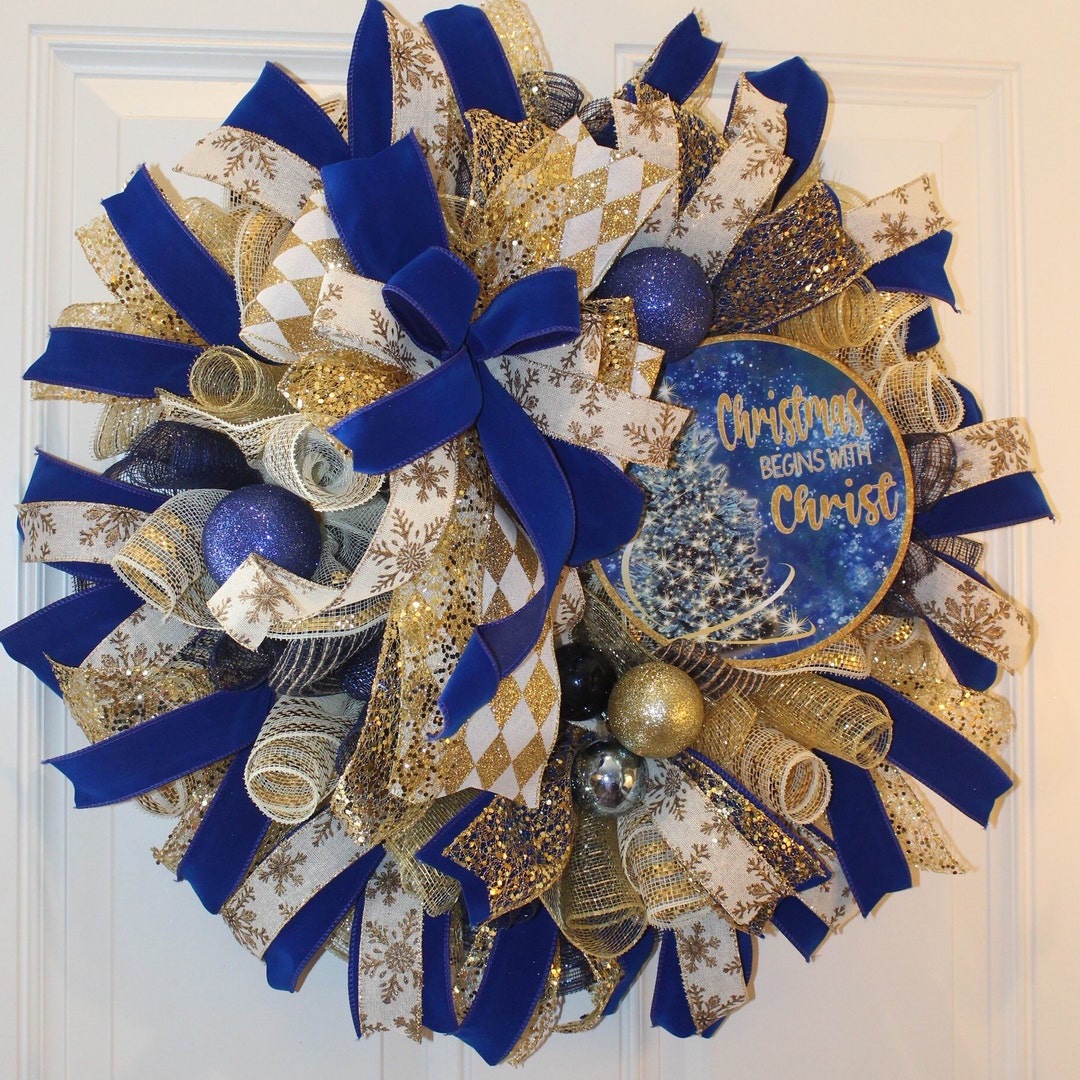 Christmas Wreath, Elegant Blue and Gold Wreath for Front Door ...