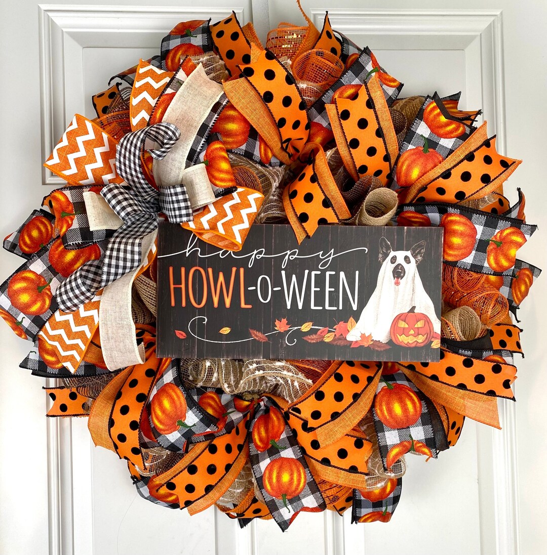 Whimsical Halloween Dog Wreath, Happy Howl-o-ween, October Door Decor ...