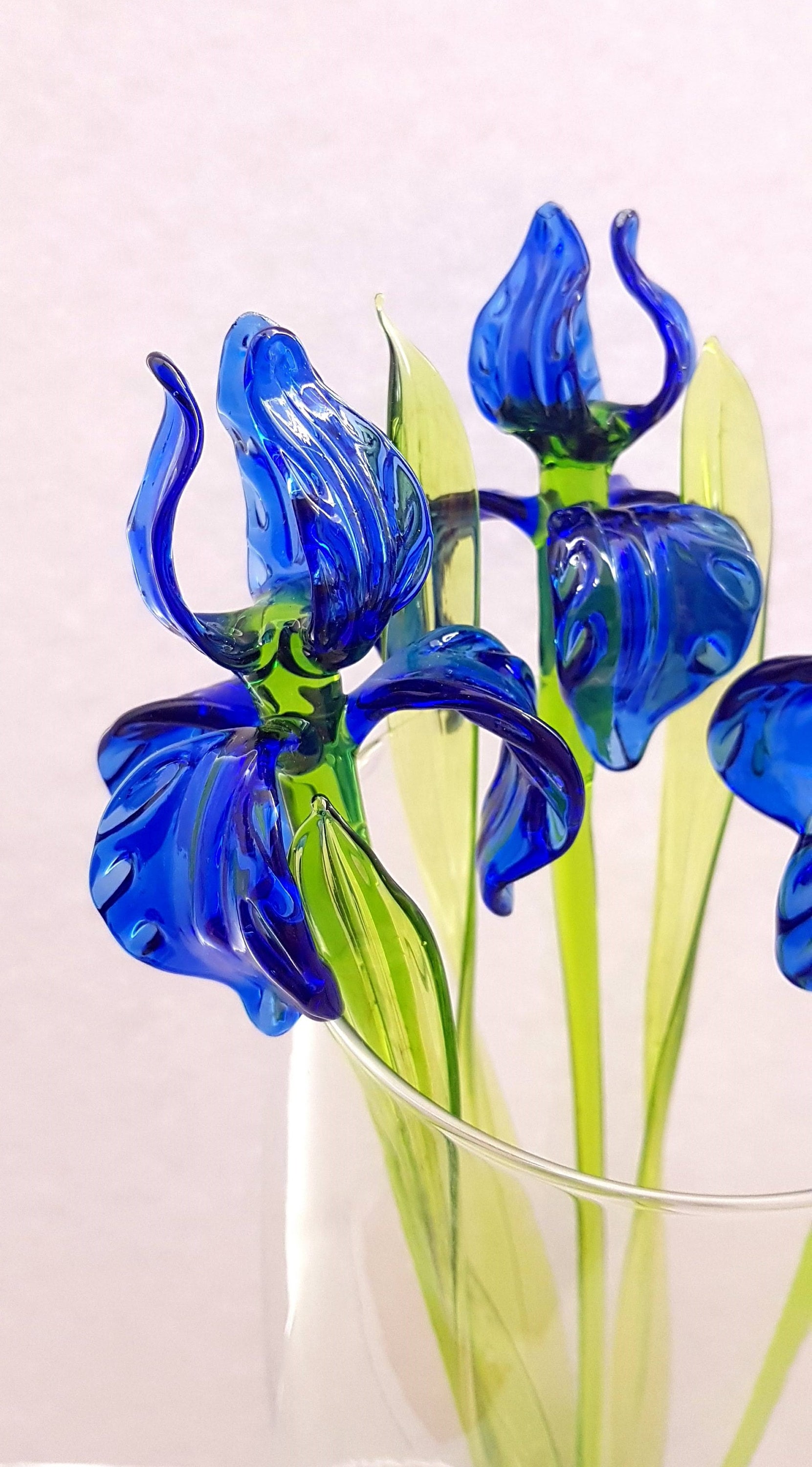 Glass Blue Irises Hand Blown Glass Iris Flowers And Leaf Etsy