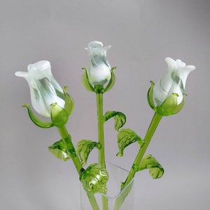 Glass Roses on Long Stem, Hand Blown Glass White Roses, Hand Blown ...