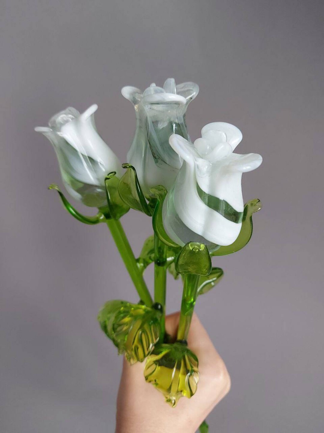 Glass Roses on Long Stem, Hand Blown Glass White Roses, Hand Blown ...