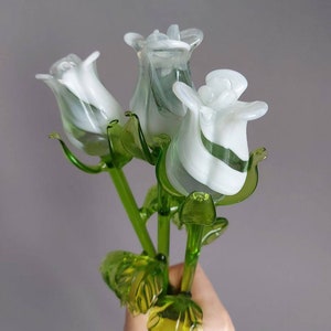 Glass Roses on Long Stem, Hand Blown Glass White Roses, Hand Blown ...