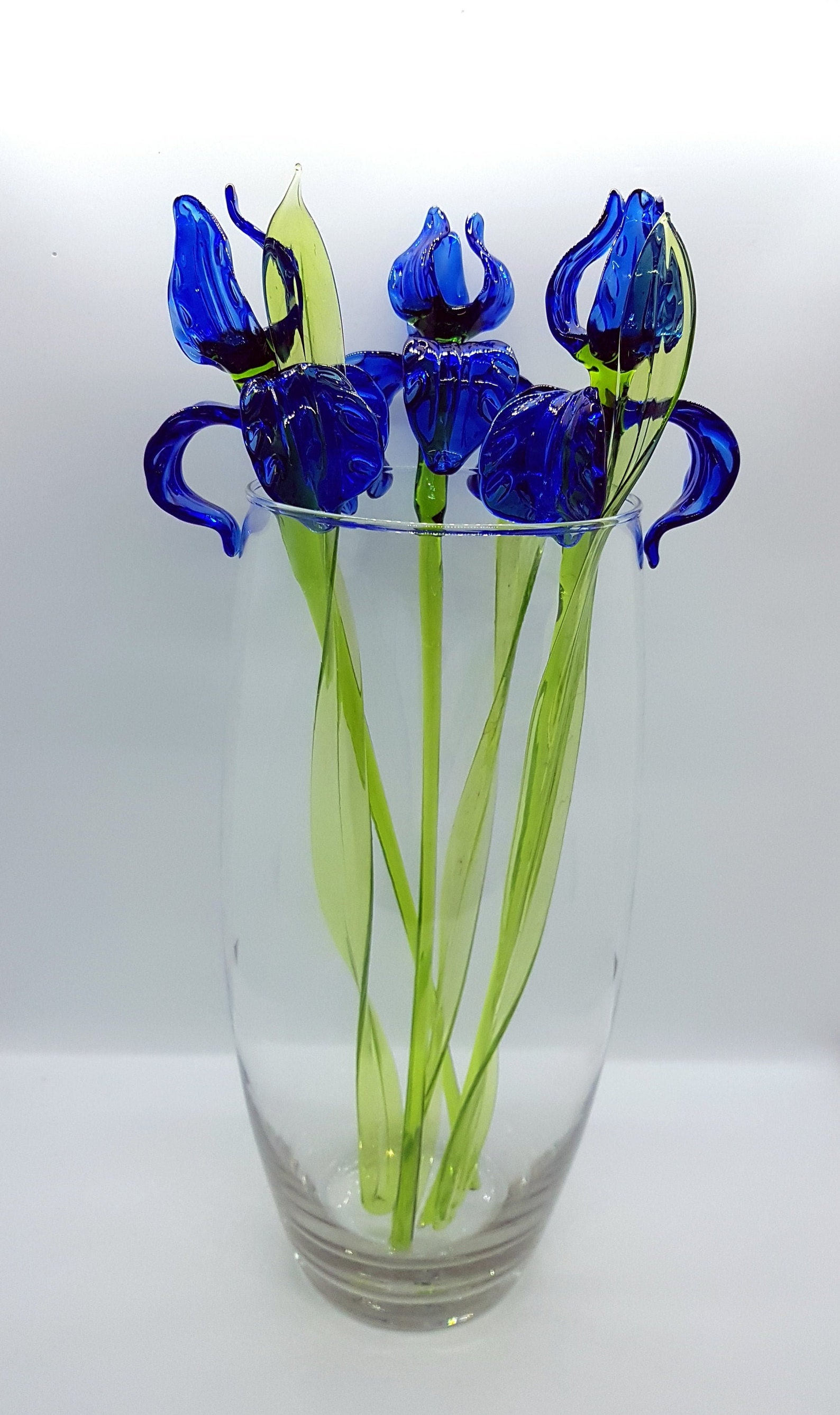 Glass Blue Irises Hand Blown Glass Iris Flowers And Leaf Etsy