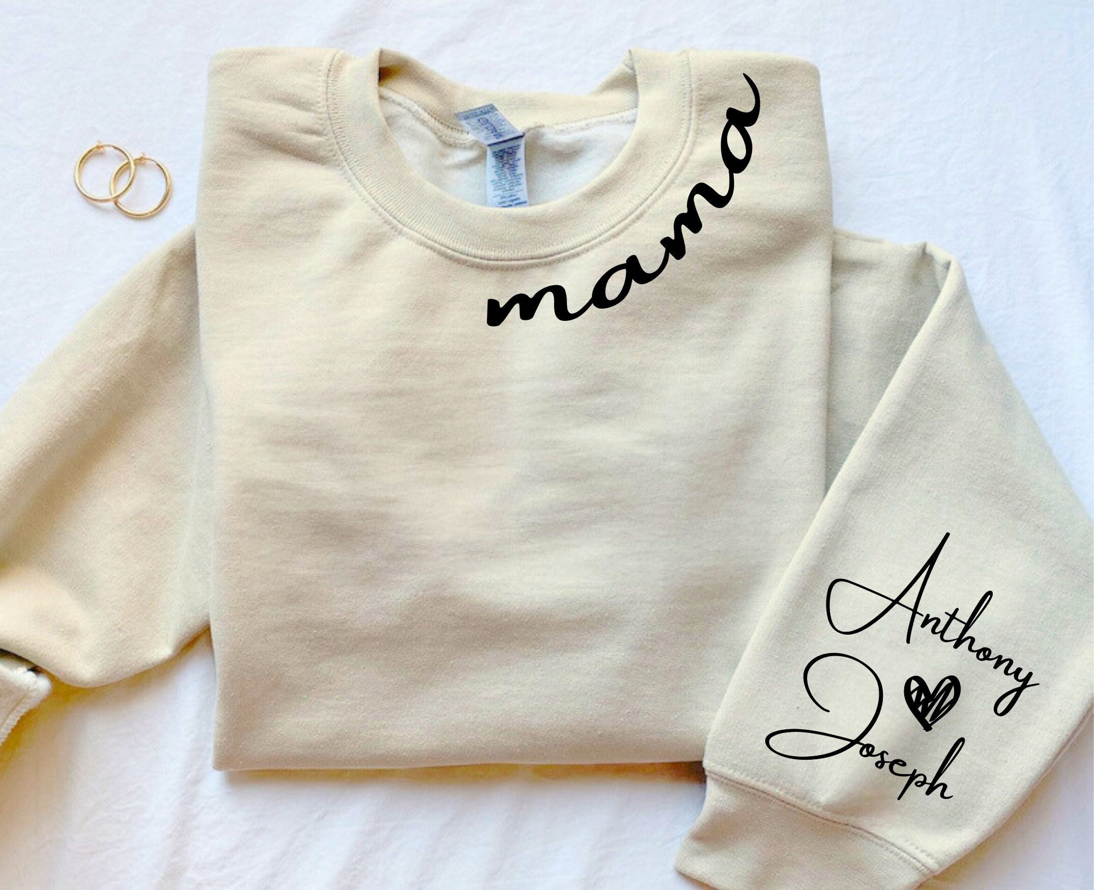 Custom Mama Sweatshirt With Kid Name on Sleeve, Minimalist Neckline ...
