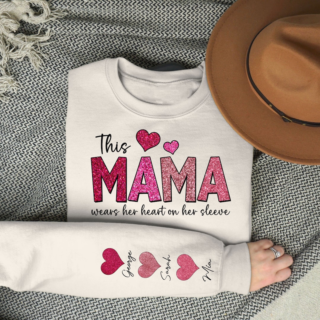 Personalized This Mama Wears Her Heart on Her Sleeve Glitter Sweatshirt ...