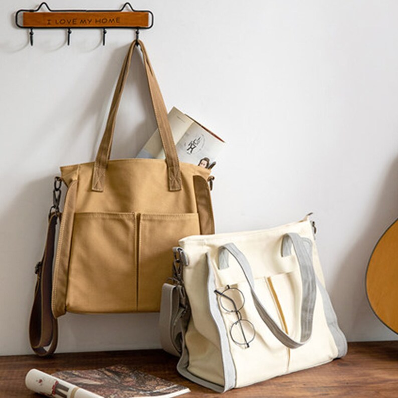 Cotton Canvas Basic Bag Everyday Bag Zipper Large Pockets - Etsy