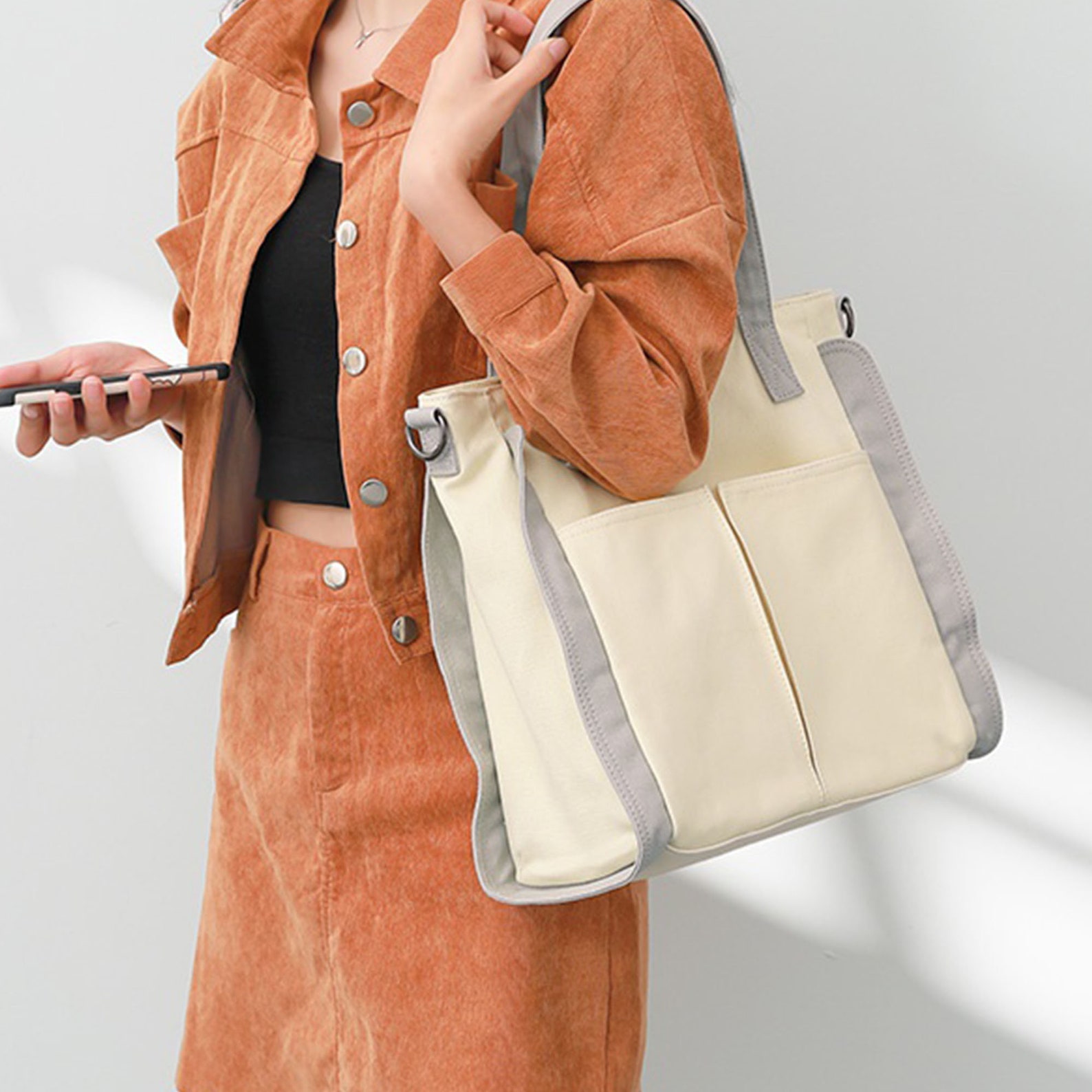 Cotton Canvas Basic Bag Everyday Bag Zipper Large Pockets - Etsy