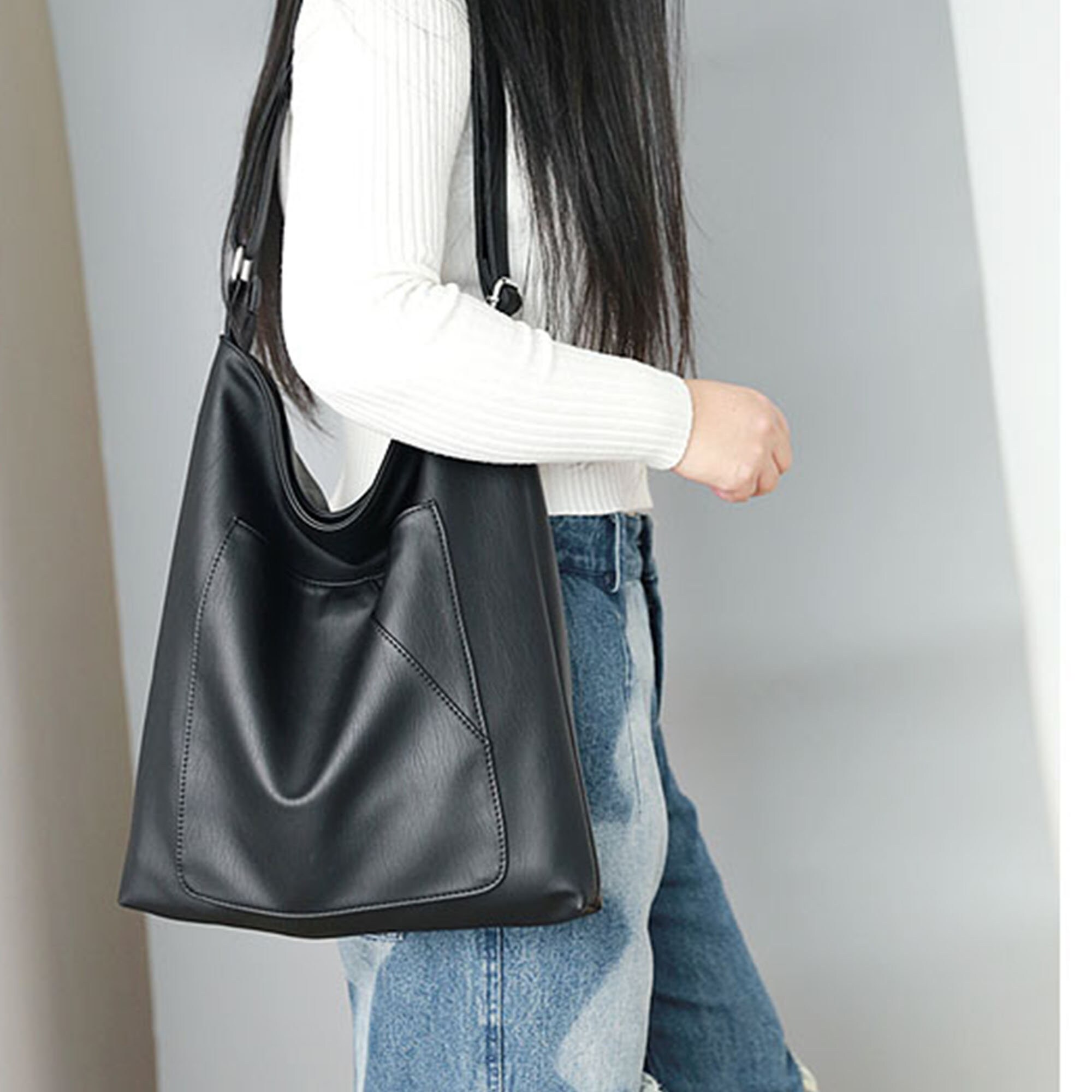 Casual Black Tote Bag Vintage Pu Bag Classic Everyday Leather - Etsy