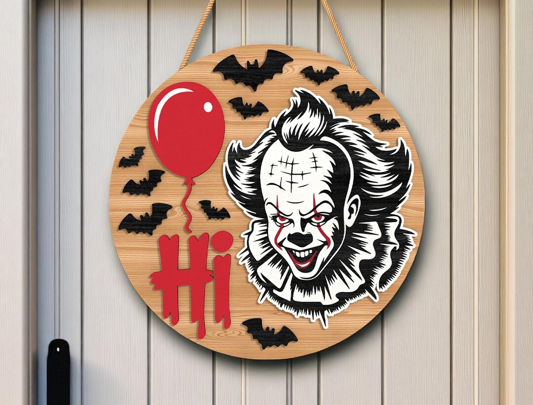 Creepy Clown Door Sign Laser Cut File, Halloween Round SVG With Balloon ...