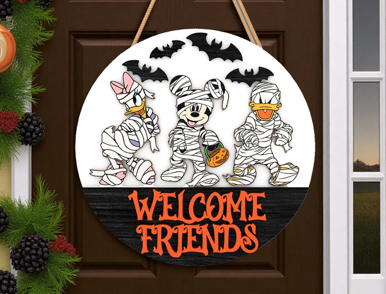 Mummy Halloween Door Sign SVG, Funny Welcome Friends Round Sign Laser ...