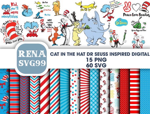 Love Reading Dr Seuss Blue Glitter Cat in the Hat Instant PNG Digital ...